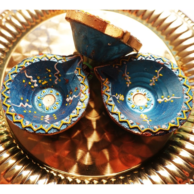 Diya Clay blau klein dekoriert Diwali Puja Clay Diya